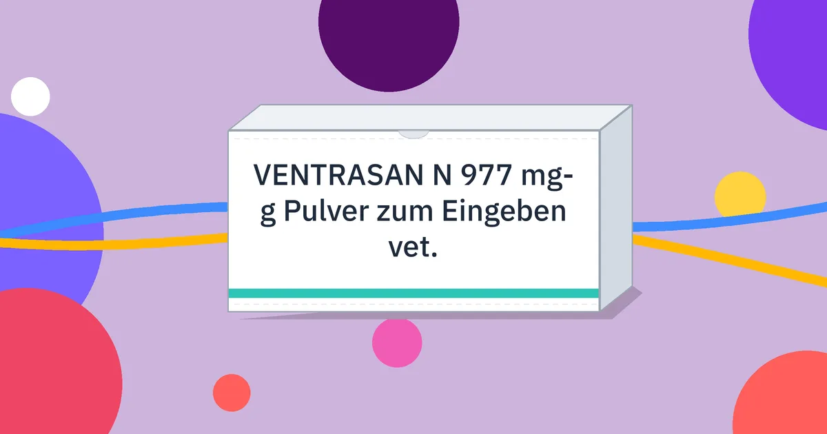 Symbolbild: Packung mit der Aufschrift VENTRASAN N 977 mg-g Pulver zum Eingeben vet. (PZN 08708069) – Verfügbarkeit und Bezug in Apotheken in Frankfurt am Main