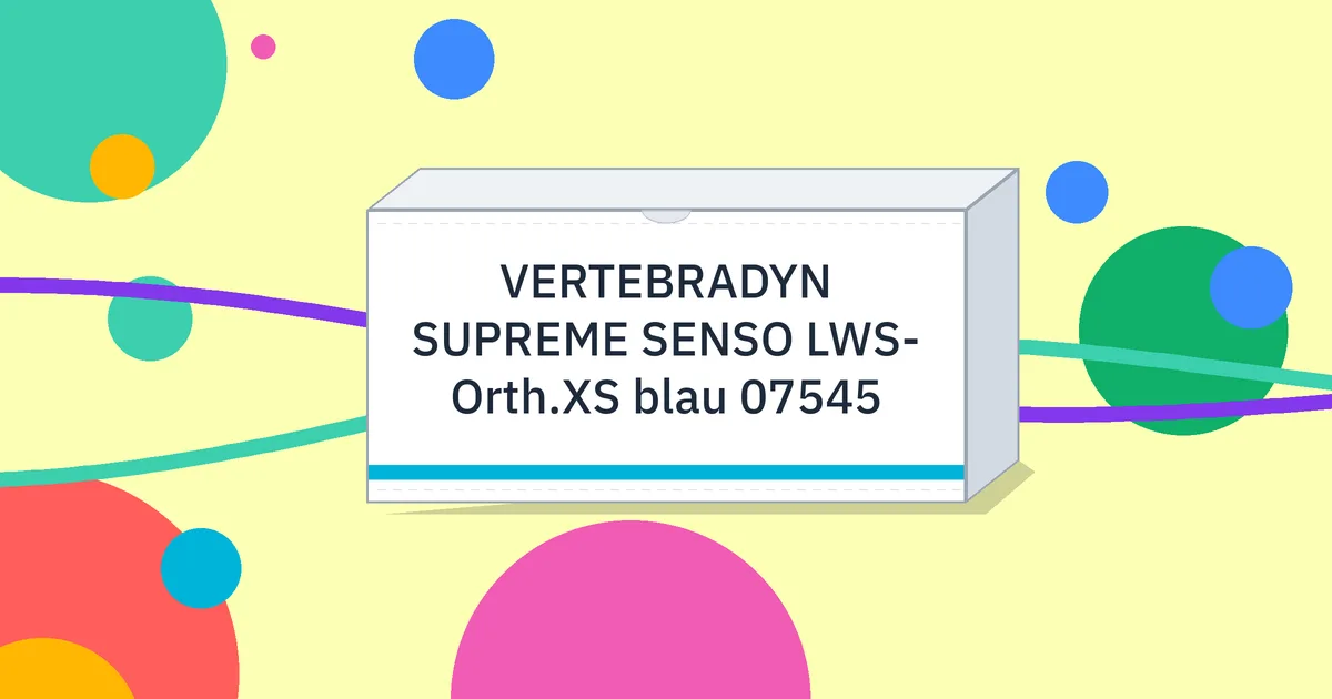 Symbolbild: Packung mit der Aufschrift VERTEBRADYN SUPREME SENSO LWS-Orth.XS blau 07545 (PZN 16931172) – Verfügbarkeit und Bezug in Apotheken in Frankfurt am Main