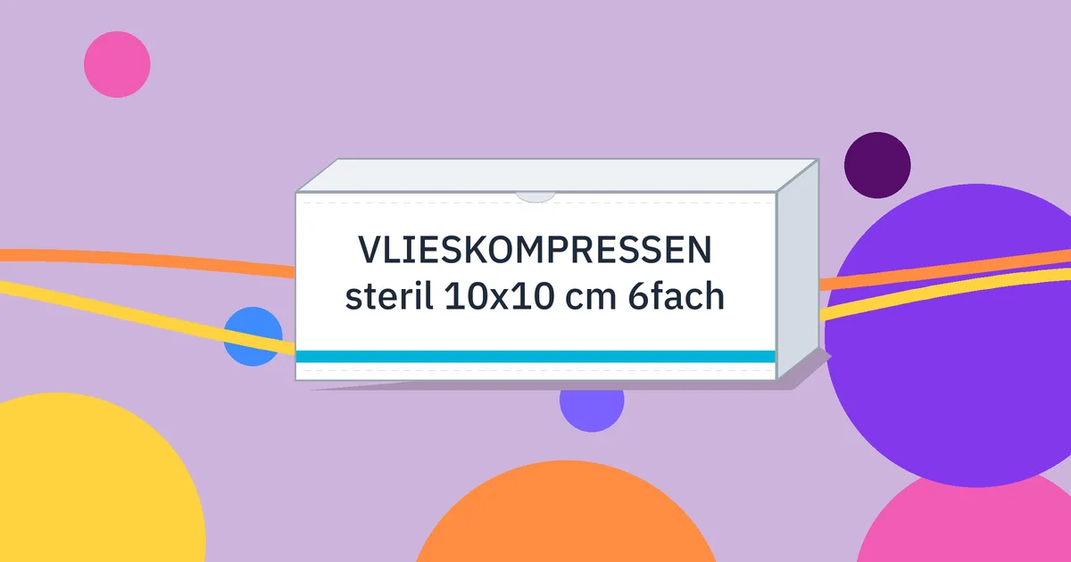 Symbolbild: Packung mit der Aufschrift VLIESKOMPRESSEN steril 10x10 cm 6fach (PZN 05017577) – Verfügbarkeit und Bezug in Apotheken in Frankfurt am Main