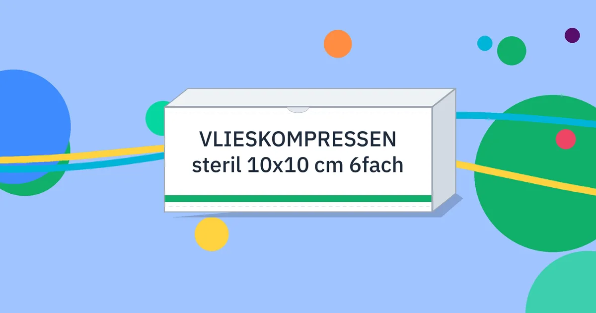 Symbolbild: Packung mit der Aufschrift VLIESKOMPRESSEN steril 10x10 cm 6fach (PZN 18020919) – Verfügbarkeit und Bezug in Apotheken in Frankfurt am Main