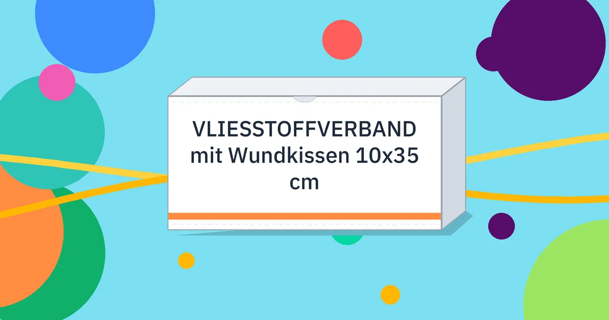 Symbolbild: Packung mit der Aufschrift VLIESSTOFFVERBAND mit Wundkissen 10x35 cm (PZN 18260109) – Verfügbarkeit und Bezug in Apotheken in Frankfurt am Main