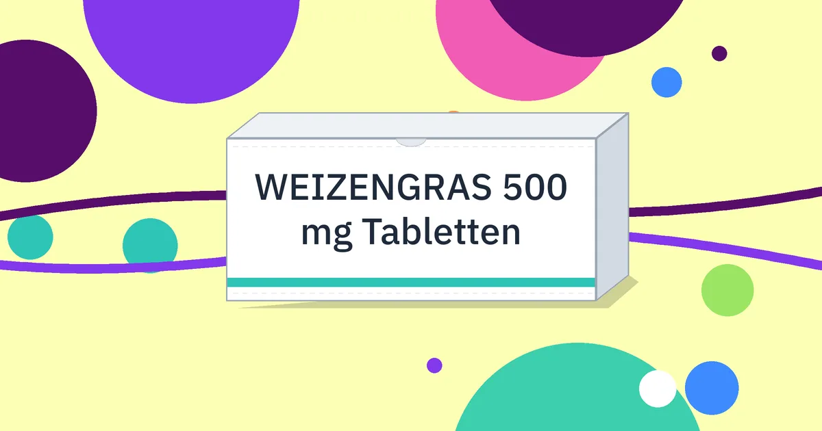 Symbolbild: Packung mit der Aufschrift WEIZENGRAS 500 mg Tabletten (PZN 18852583) – Verfügbarkeit und Bezug in Apotheken in Frankfurt am Main