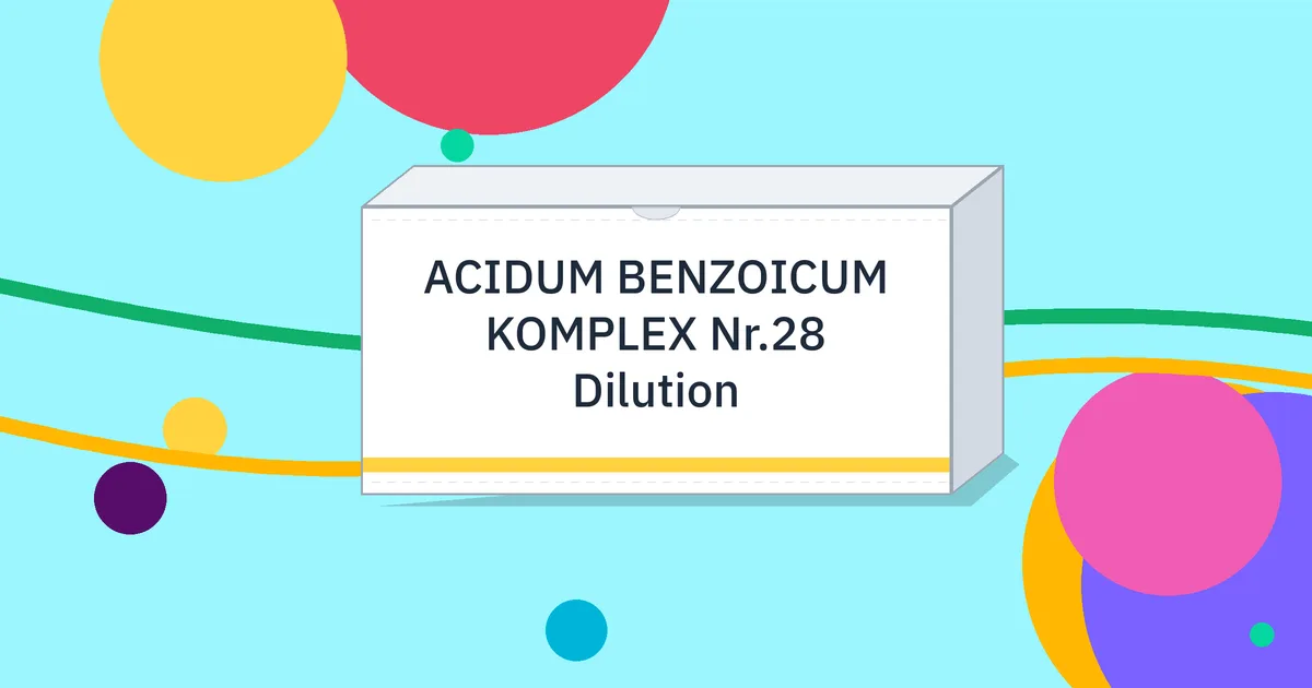 Symbolbild: Packung mit der Aufschrift ACIDUM BENZOICUM KOMPLEX Nr.28 Dilution (PZN 00005629) – Verfügbarkeit und Bezug in Apotheken in Frankfurt am Main
