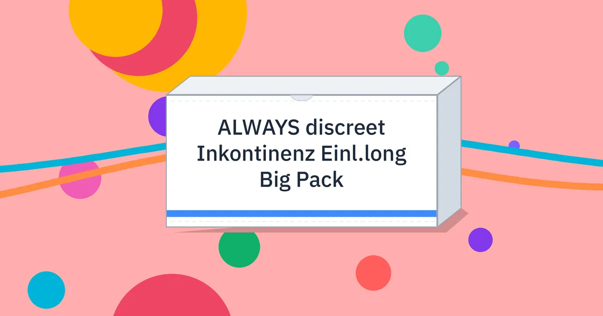 Symbolbild: Packung mit der Aufschrift ALWAYS discreet Inkontinenz Einl.long Big Pack (PZN 19224883) – Verfügbarkeit und Bezug in Apotheken in Frankfurt am Main