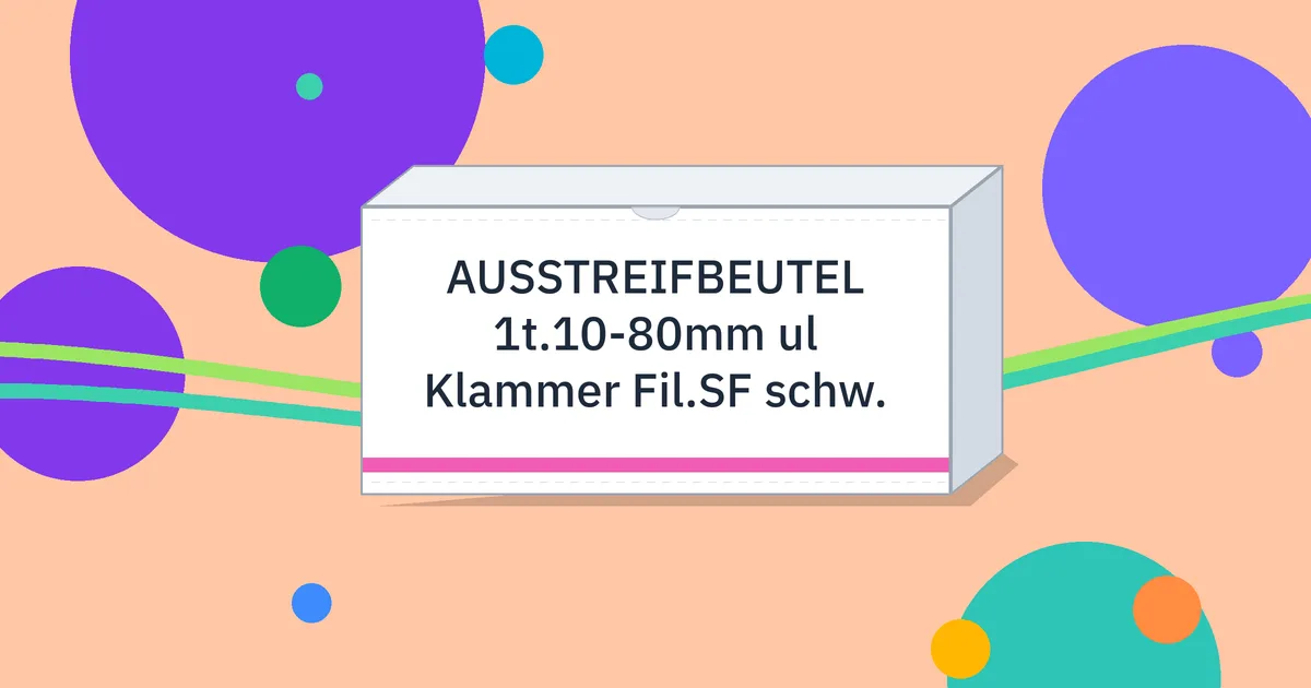 Symbolbild: Packung mit der Aufschrift AUSSTREIFBEUTEL 1t.10-80mm ul Klammer Fil.SF schw. (PZN 18423988) – Verfügbarkeit und Bezug in Apotheken in Frankfurt am Main