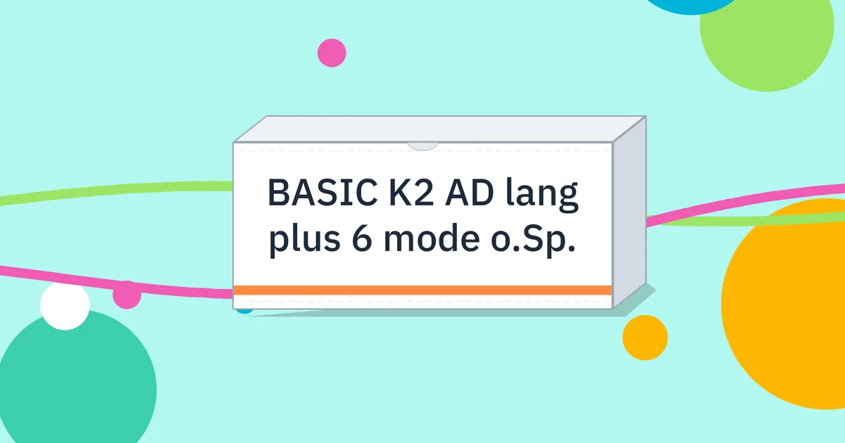 Symbolbild: Packung mit der Aufschrift BASIC K2 AD lang plus 6 mode o.Sp. (PZN 20265930) – Verfügbarkeit und Bezug in Apotheken in Frankfurt am Main