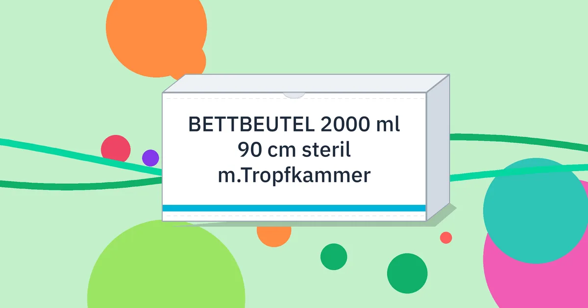 Symbolbild: Packung mit der Aufschrift BETTBEUTEL 2000 ml 90 cm steril m.Tropfkammer (PZN 18021474) – Verfügbarkeit und Bezug in Apotheken in Frankfurt am Main
