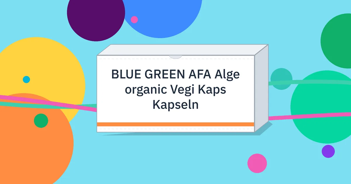 Symbolbild: Packung mit der Aufschrift BLUE GREEN AFA Alge organic Vegi Kaps Kapseln (PZN 06462552) – Verfügbarkeit und Bezug in Apotheken in Frankfurt am Main