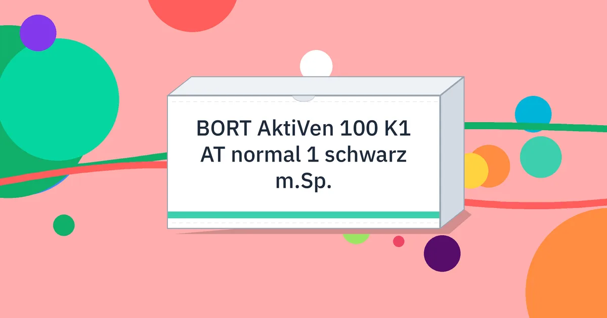 Symbolbild: Packung mit der Aufschrift BORT AktiVen 100 K1 AT normal 1 schwarz m.Sp. (PZN 14389059) – Verfügbarkeit und Bezug in Apotheken in Frankfurt am Main