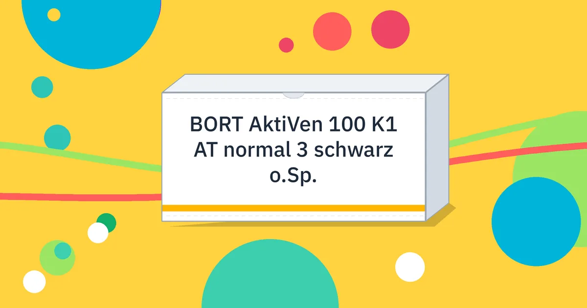 Symbolbild: Packung mit der Aufschrift BORT AktiVen 100 K1 AT normal 3 schwarz o.Sp. (PZN 14388746) – Verfügbarkeit und Bezug in Apotheken in Frankfurt am Main