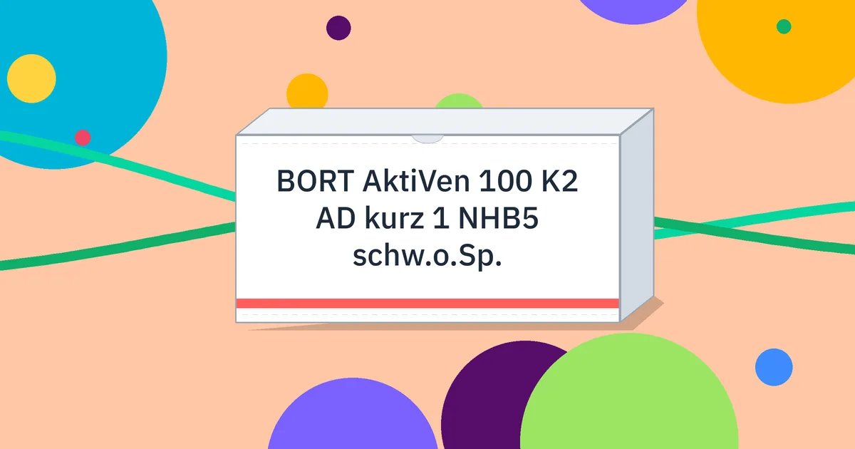 Symbolbild: Packung mit der Aufschrift BORT AktiVen 100 K2 AD kurz 1 NHB5 schw.o.Sp. (PZN 17496910) – Verfügbarkeit und Bezug in Apotheken in Frankfurt am Main