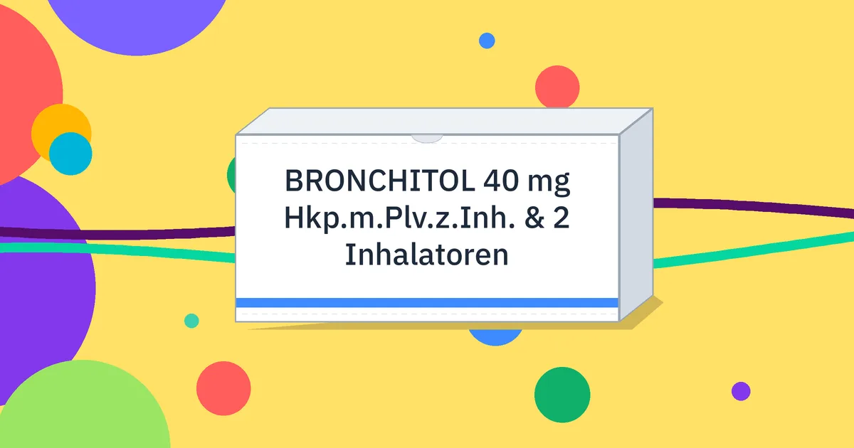 Symbolbild: Packung mit der Aufschrift BRONCHITOL 40 mg Hkp.m.Plv.z.Inh. & 2 Inhalatoren (PZN 16894494) – Verfügbarkeit und Bezug in Apotheken in Frankfurt am Main
