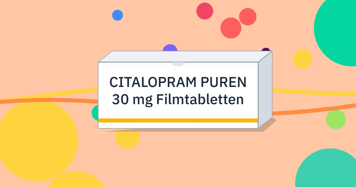 Symbolbild: Packung mit der Aufschrift CITALOPRAM PUREN 30 mg Filmtabletten (PZN 15616764) – Verfügbarkeit und Bezug in Apotheken in Frankfurt am Main