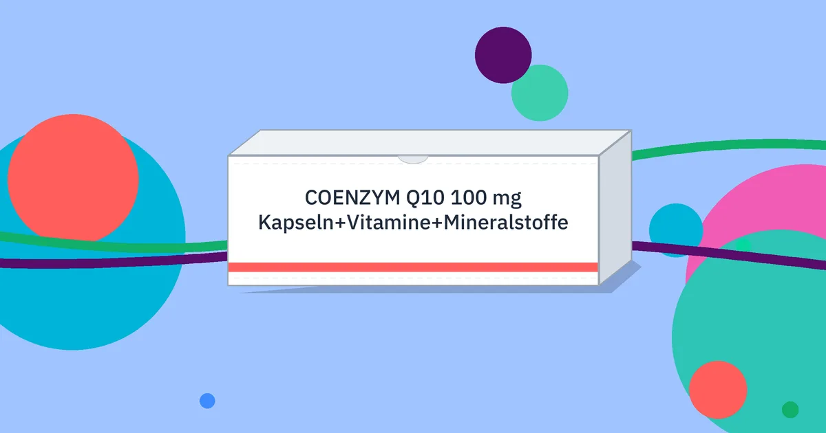 Symbolbild: Packung mit der Aufschrift COENZYM Q10 100 mg Kapseln+Vitamine+Mineralstoffe (PZN 17440720) – Verfügbarkeit und Bezug in Apotheken in Frankfurt am Main