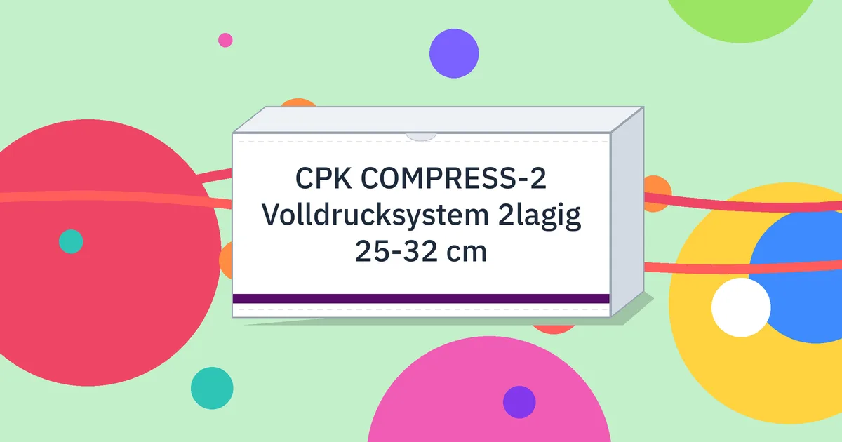 Symbolbild: Packung mit der Aufschrift CPK COMPRESS-2 Volldrucksystem 2lagig 25-32 cm (PZN 20362113) – Verfügbarkeit und Bezug in Apotheken in Frankfurt am Main