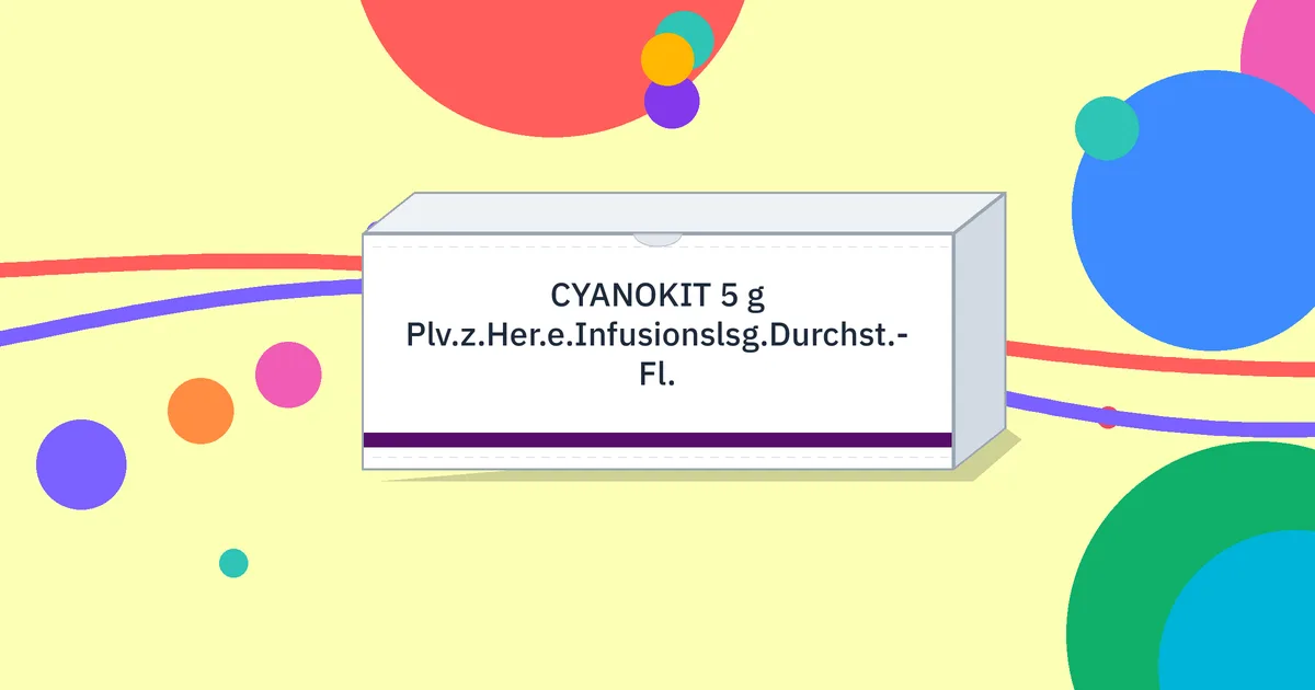 Symbolbild: Packung mit der Aufschrift CYANOKIT 5 g Plv.z.Her.e.Infusionslsg.Durchst.-Fl. (PZN 06912400) – Verfügbarkeit und Bezug in Apotheken in Frankfurt am Main
