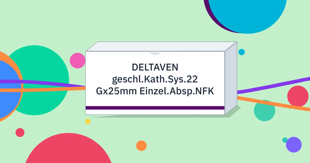 Symbolbild: Packung mit der Aufschrift DELTAVEN geschl.Kath.Sys.22 Gx25mm Einzel.Absp.NFK (PZN 13977854) – Verfügbarkeit und Bezug in Apotheken in Frankfurt am Main