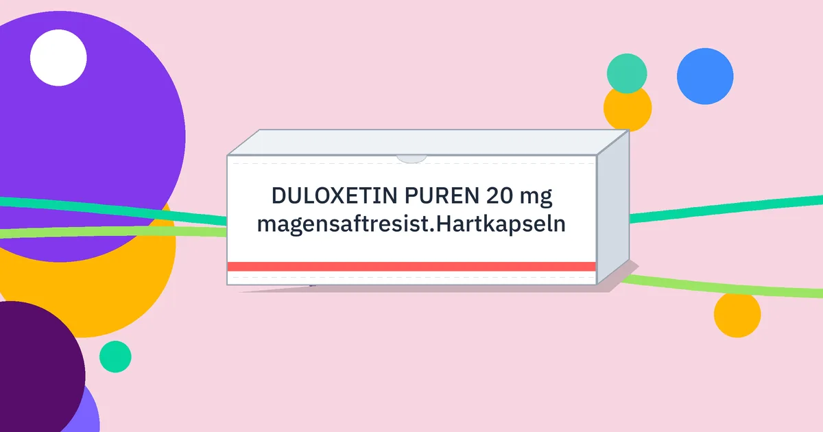 Symbolbild: Packung mit der Aufschrift DULOXETIN PUREN 20 mg magensaftresist.Hartkapseln (PZN 12471785) – Verfügbarkeit und Bezug in Apotheken in Frankfurt am Main