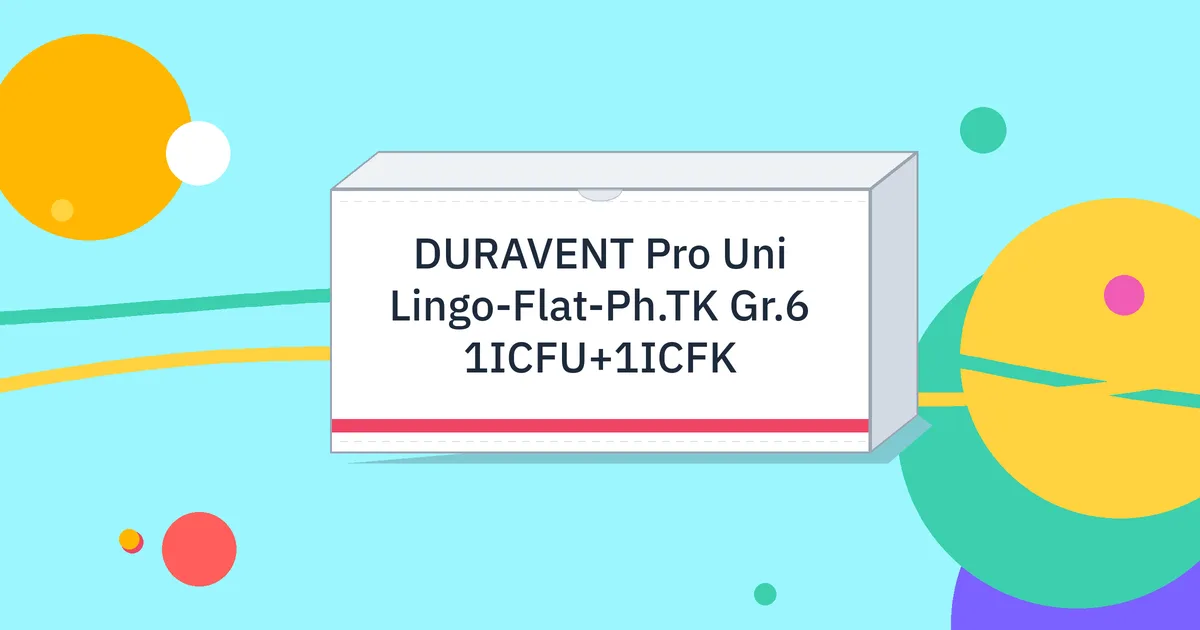 Symbolbild: Packung mit der Aufschrift DURAVENT Pro Uni Lingo-Flat-Ph.TK Gr.6 1ICFU+1ICFK (PZN 19272988) – Verfügbarkeit und Bezug in Apotheken in Frankfurt am Main