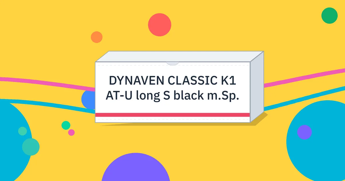 Symbolbild: Packung mit der Aufschrift DYNAVEN CLASSIC K1 AT-U long S black m.Sp. (PZN 18416801) – Verfügbarkeit und Bezug in Apotheken in Frankfurt am Main