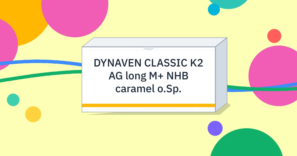 Symbolbild: Packung mit der Aufschrift DYNAVEN CLASSIC K2 AG long M+ NHB caramel o.Sp. (PZN 18418504) – Verfügbarkeit und Bezug in Apotheken in Frankfurt am Main