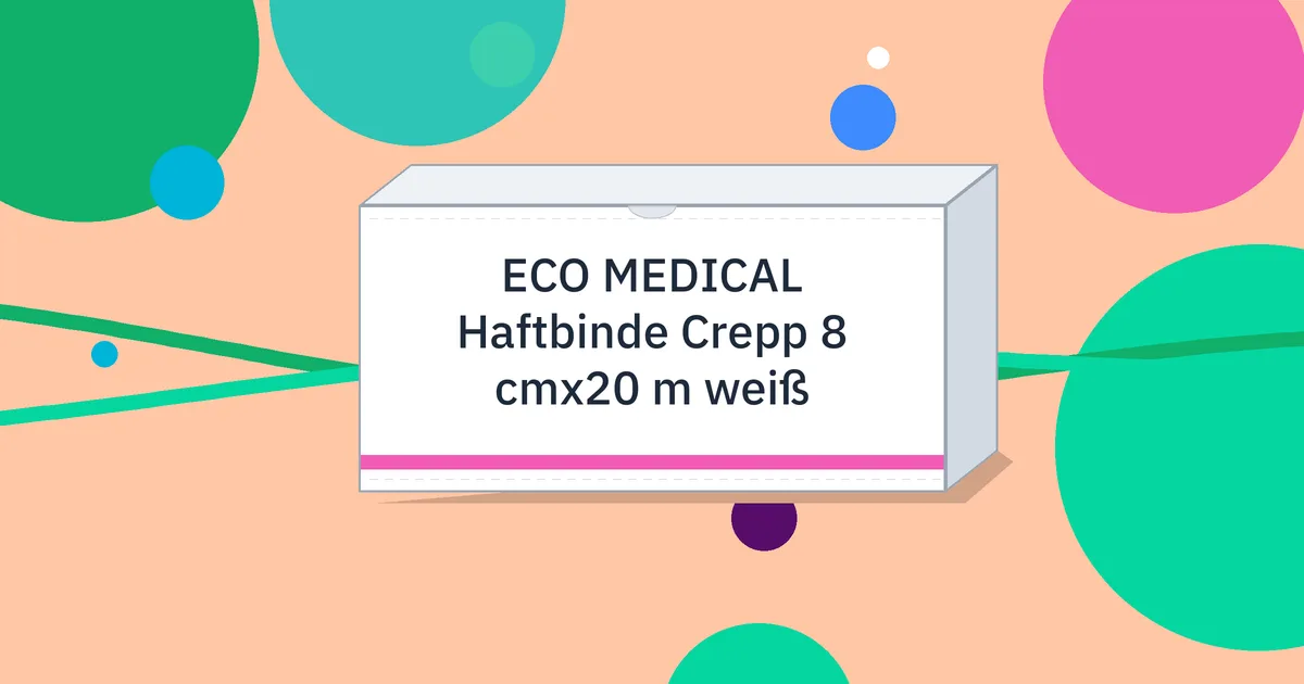 Symbolbild: Packung mit der Aufschrift ECO MEDICAL Haftbinde Crepp 8 cmx20 m weiß (PZN 00747762) – Verfügbarkeit und Bezug in Apotheken in Frankfurt am Main