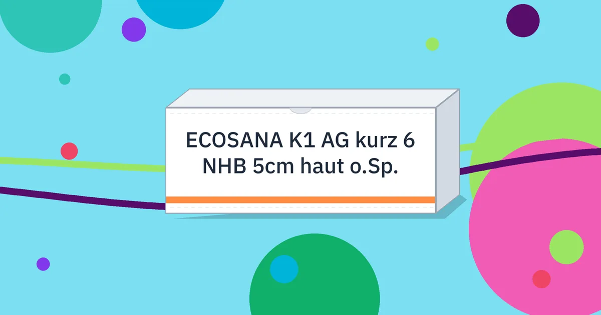 Symbolbild: Packung mit der Aufschrift ECOSANA K1 AG kurz 6 NHB 5cm haut o.Sp. (PZN 04730132) – Verfügbarkeit und Bezug in Apotheken in Frankfurt am Main