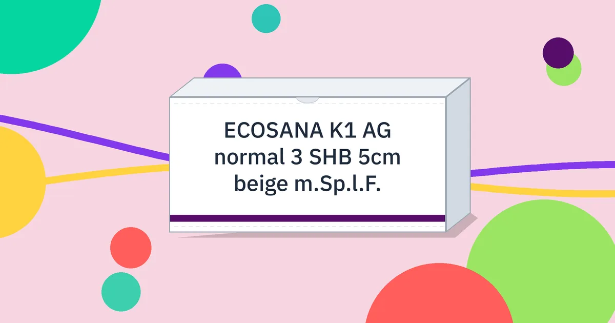 Symbolbild: Packung mit der Aufschrift ECOSANA K1 AG normal 3 SHB 5cm beige m.Sp.l.F. (PZN 04727472) – Verfügbarkeit und Bezug in Apotheken in Frankfurt am Main