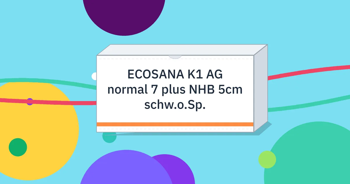 Symbolbild: Packung mit der Aufschrift ECOSANA K1 AG normal 7 plus NHB 5cm schw.o.Sp. (PZN 04730468) – Verfügbarkeit und Bezug in Apotheken in Frankfurt am Main