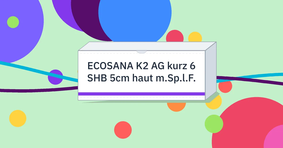 Symbolbild: Packung mit der Aufschrift ECOSANA K2 AG kurz 6 SHB 5cm haut m.Sp.l.F. (PZN 10955272) – Verfügbarkeit und Bezug in Apotheken in Frankfurt am Main