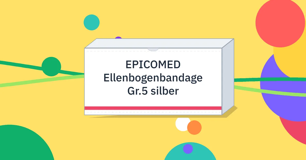 Symbolbild: Packung mit der Aufschrift EPICOMED Ellenbogenbandage Gr.5 silber (PZN 18491369) – Verfügbarkeit und Bezug in Apotheken in Frankfurt am Main