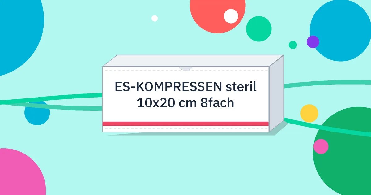 Symbolbild: Packung mit der Aufschrift ES-KOMPRESSEN steril 10x20 cm 8fach (PZN 18715685) – Verfügbarkeit und Bezug in Apotheken in Frankfurt am Main