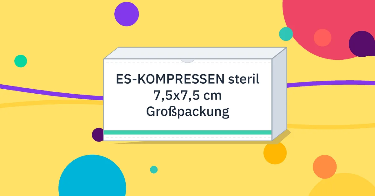 Symbolbild: Packung mit der Aufschrift ES-KOMPRESSEN steril 7,5x7,5 cm Großpackung (PZN 17434174) – Verfügbarkeit und Bezug in Apotheken in Frankfurt am Main