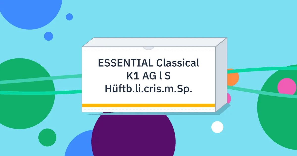 Symbolbild: Packung mit der Aufschrift ESSENTIAL Classical K1 AG l S Hüftb.li.cris.m.Sp. (PZN 17012094) – Verfügbarkeit und Bezug in Apotheken in Frankfurt am Main
