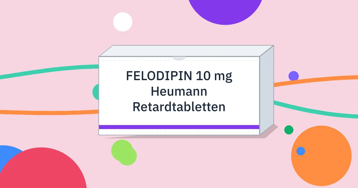 Symbolbild: Packung mit der Aufschrift FELODIPIN 10 mg Heumann Retardtabletten (PZN 01406075) – Verfügbarkeit und Bezug in Apotheken in Frankfurt am Main