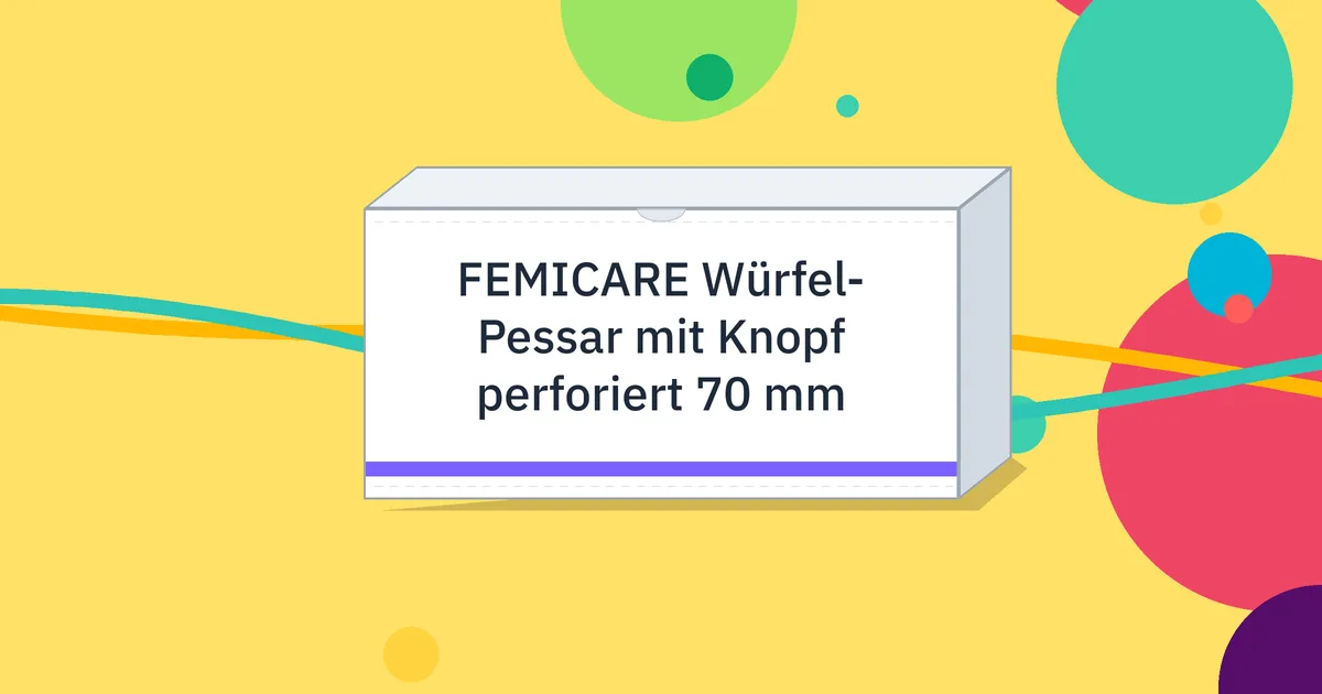 Symbolbild: Packung mit der Aufschrift FEMICARE Würfel-Pessar mit Knopf perforiert 70 mm (PZN 19335973) – Verfügbarkeit und Bezug in Apotheken in Frankfurt am Main