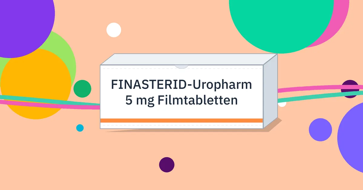 Symbolbild: Packung mit der Aufschrift FINASTERID-Uropharm 5 mg Filmtabletten (PZN 05553614) – Verfügbarkeit und Bezug in Apotheken in Frankfurt am Main