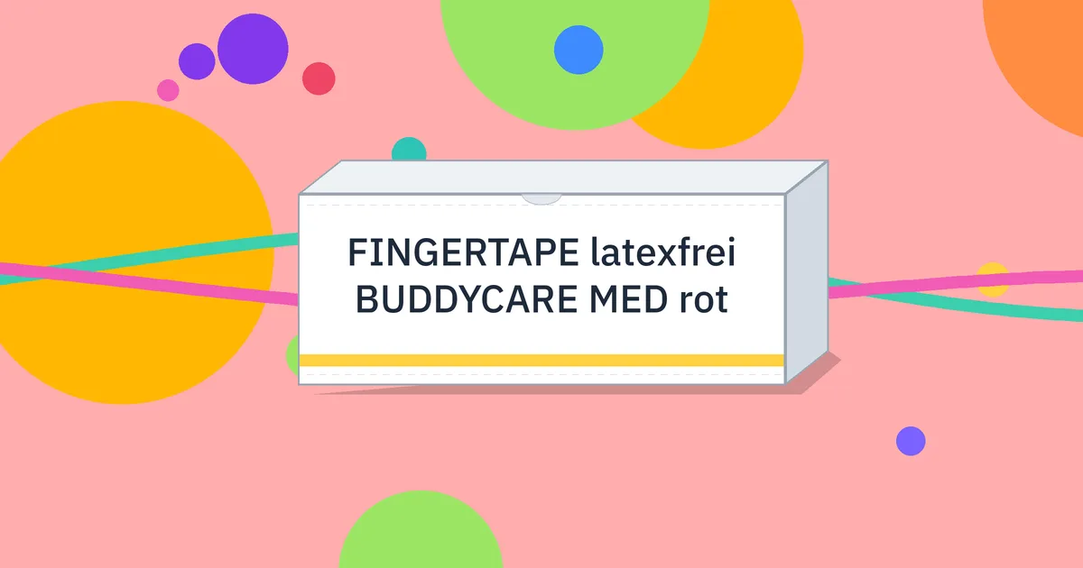 Symbolbild: Packung mit der Aufschrift FINGERTAPE latexfrei BUDDYCARE MED rot (PZN 13925113) – Verfügbarkeit und Bezug in Apotheken in Frankfurt am Main