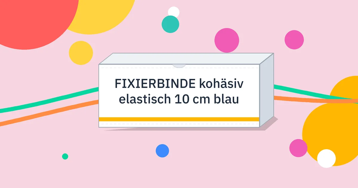 Symbolbild: Packung mit der Aufschrift FIXIERBINDE kohäsiv elastisch 10 cm blau (PZN 03759990) – Verfügbarkeit und Bezug in Apotheken in Frankfurt am Main