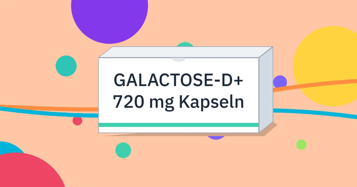 Symbolbild: Packung mit der Aufschrift GALACTOSE-D+ 720 mg Kapseln (PZN 15737261) – Verfügbarkeit und Bezug in Apotheken in Frankfurt am Main