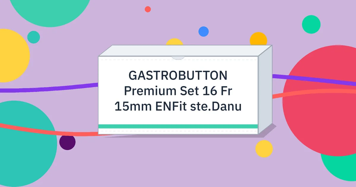 Symbolbild: Packung mit der Aufschrift GASTROBUTTON Premium Set 16 Fr 15mm ENFit ste.Danu (PZN 16883585) – Verfügbarkeit und Bezug in Apotheken in Frankfurt am Main