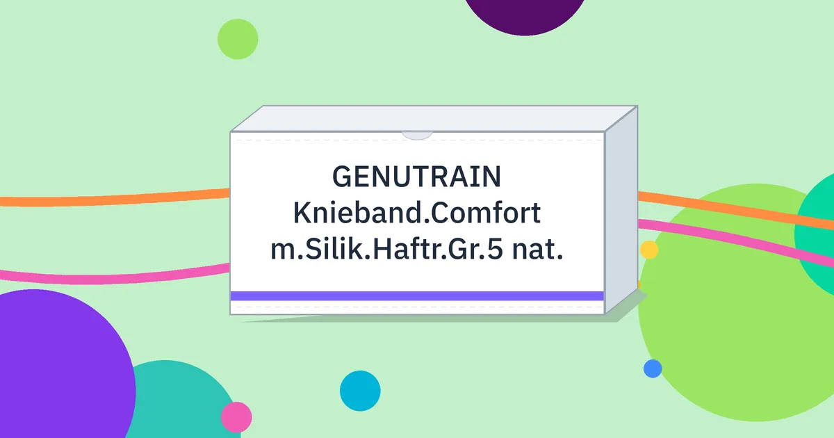 Symbolbild: Packung mit der Aufschrift GENUTRAIN Knieband.Comfort m.Silik.Haftr.Gr.5 nat. (PZN 12517346) – Verfügbarkeit und Bezug in Apotheken in Frankfurt am Main