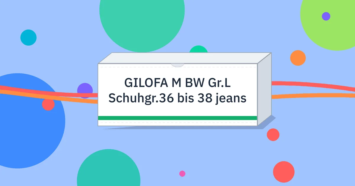 Symbolbild: Packung mit der Aufschrift GILOFA M BW Gr.L Schuhgr.36 bis 38 jeans (PZN 16725320) – Verfügbarkeit und Bezug in Apotheken in Frankfurt am Main