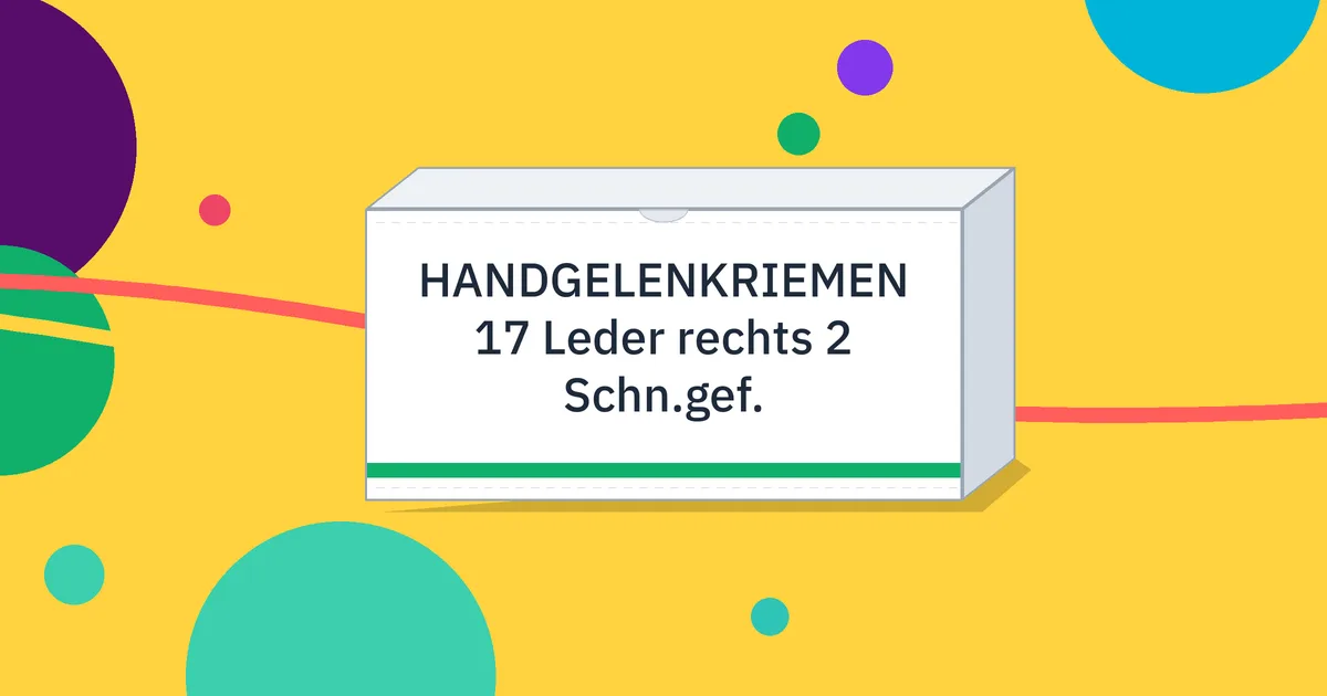 Symbolbild: Packung mit der Aufschrift HANDGELENKRIEMEN 17 Leder rechts 2 Schn.gef. (PZN 03230261) – Verfügbarkeit und Bezug in Apotheken in Frankfurt am Main