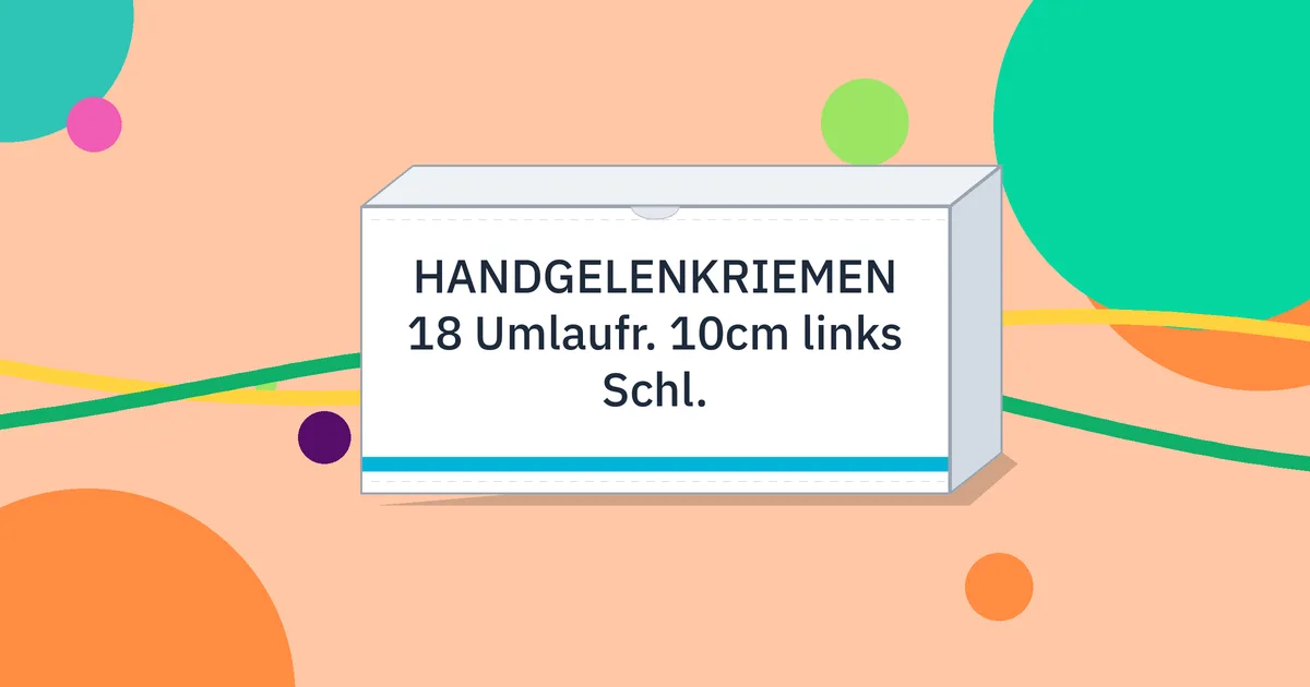 Symbolbild: Packung mit der Aufschrift HANDGELENKRIEMEN 18 Umlaufr. 10cm links Schl. (PZN 01963172) – Verfügbarkeit und Bezug in Apotheken in Frankfurt am Main