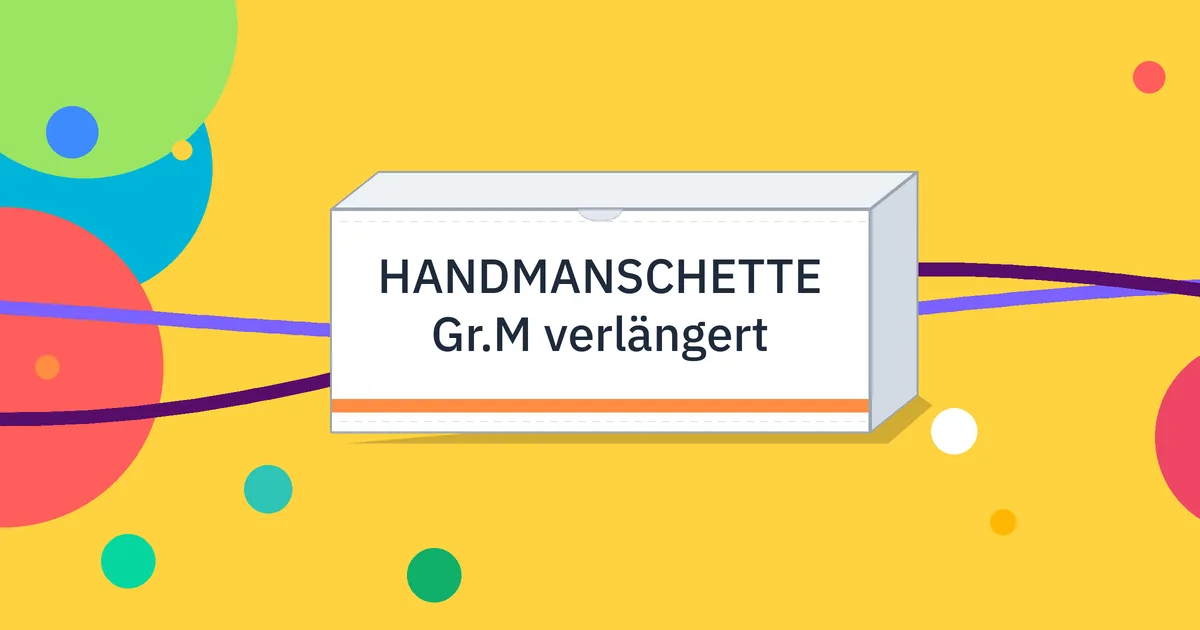 Symbolbild: Packung mit der Aufschrift HANDMANSCHETTE Gr.M verlängert (PZN 05025536) – Verfügbarkeit und Bezug in Apotheken in Frankfurt am Main