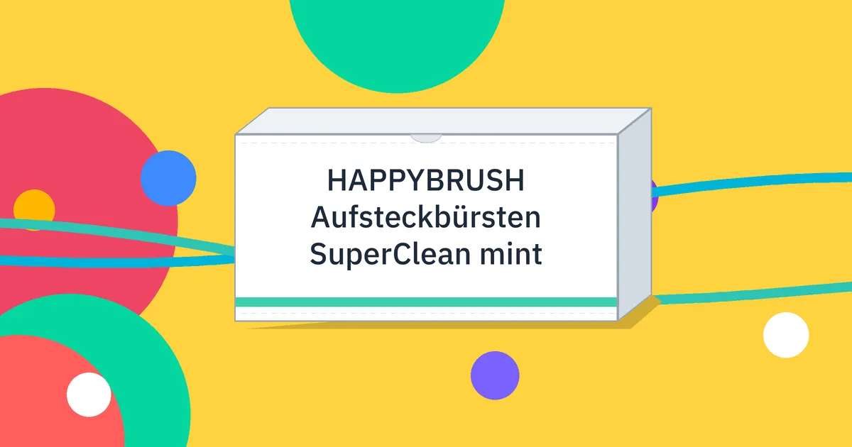 Symbolbild: Packung mit der Aufschrift HAPPYBRUSH Aufsteckbürsten SuperClean mint (PZN 14852764) – Verfügbarkeit und Bezug in Apotheken in Frankfurt am Main