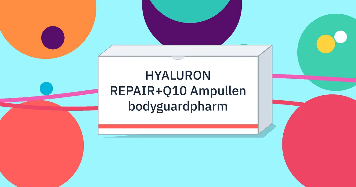 Symbolbild: Packung mit der Aufschrift HYALURON REPAIR+Q10 Ampullen bodyguardpharm (PZN 14164254) – Verfügbarkeit und Bezug in Apotheken in Frankfurt am Main