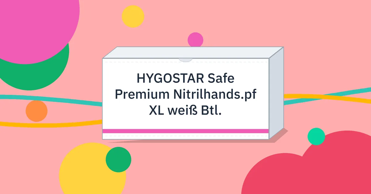 Symbolbild: Packung mit der Aufschrift HYGOSTAR Safe Premium Nitrilhands.pf XL weiß Btl. (PZN 20774034) – Verfügbarkeit und Bezug in Apotheken in Frankfurt am Main