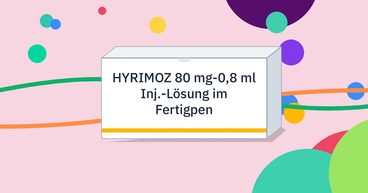 Symbolbild: Packung mit der Aufschrift HYRIMOZ 80 mg-0,8 ml Inj.-Lösung im Fertigpen (PZN 19339385) – Verfügbarkeit und Bezug in Apotheken in Frankfurt am Main